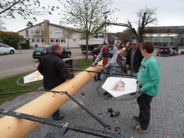 Kräftige Buaba legen Hand an den Maibaum